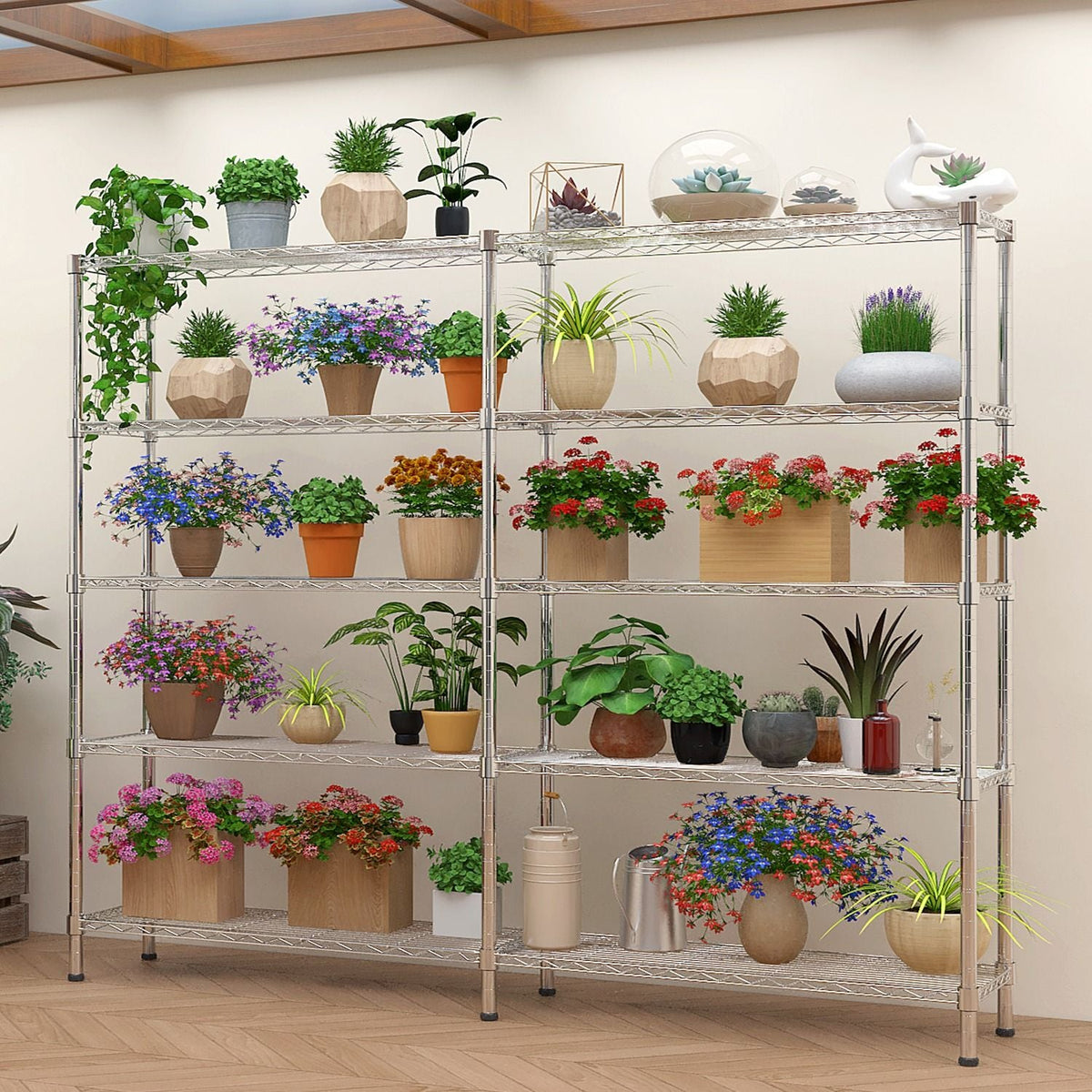 5 Tier Double Row Metal Display Shelf with Adjustable Feet Chrome Plat ...